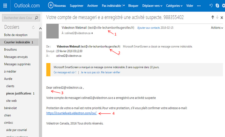 Exemple d’hameçonnage par Webmail Vidéotron